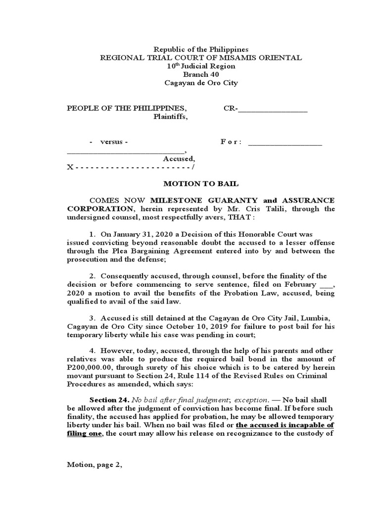 Motion To Bail | PDF | Bail | Probation