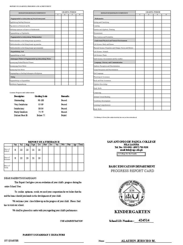 Report On Learning Progress and Achievement: Descriptors Grading Scale ...