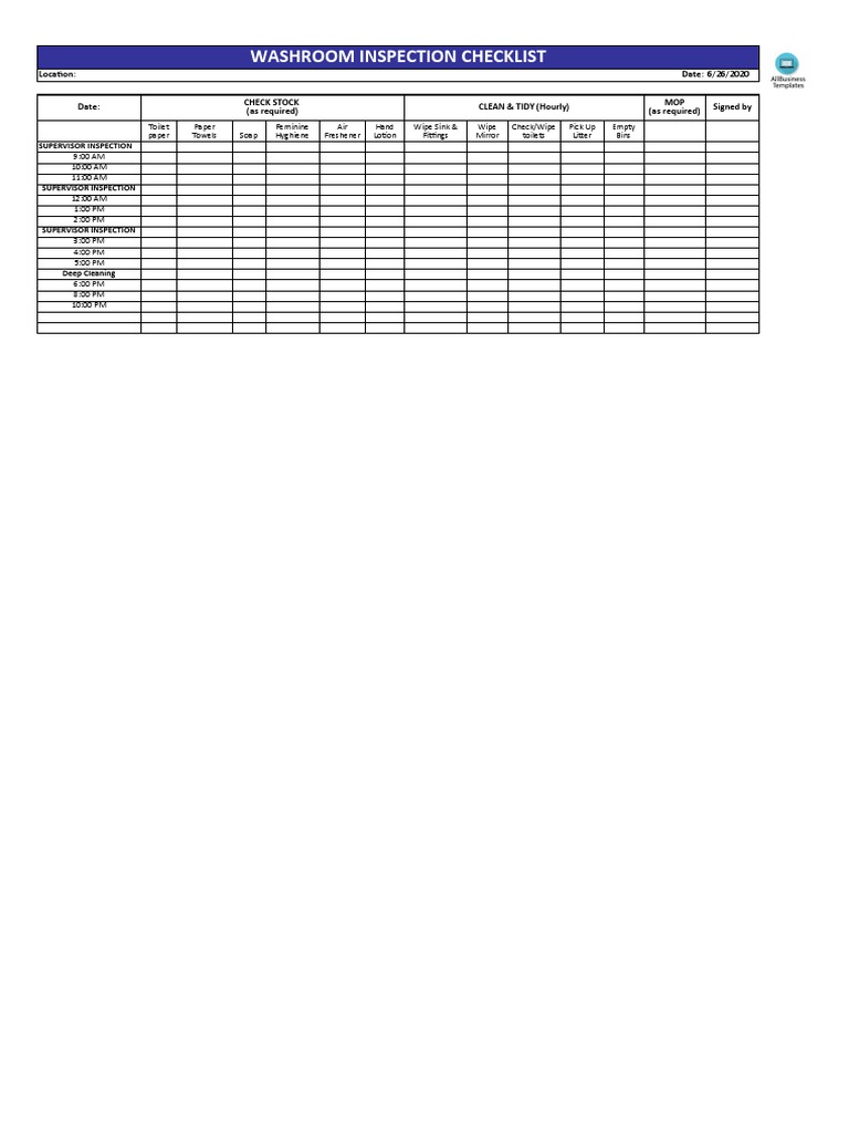 Washroom Inspection Checklist: Location: Date: 6/26/2020 | PDF