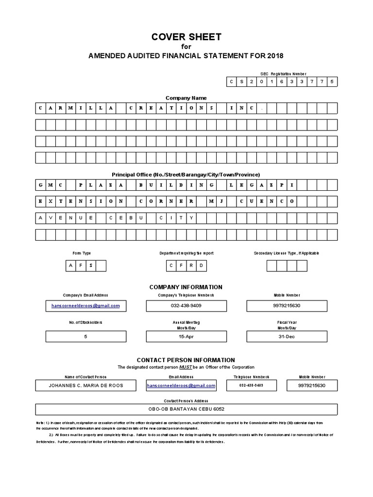 Cover Sheet: For Amended Audited Financial Statement For 2018 | PDF ...