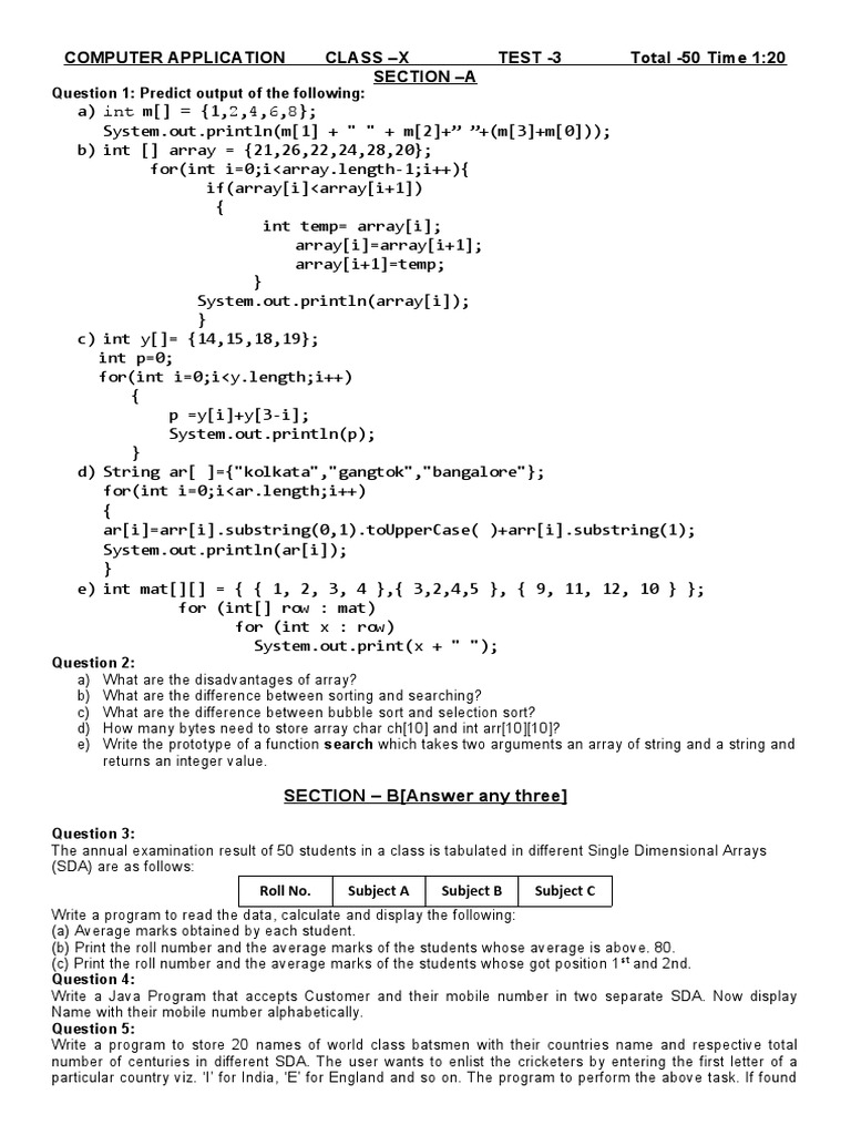 Computer Application Class - X Test - 3 Total - 50 Time 1:20 Section ...