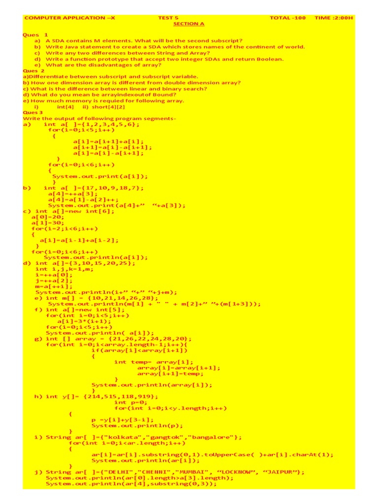 Computer Application X Test 5 Total 100 Time 2 00h Pdf Array Data Structure Integer