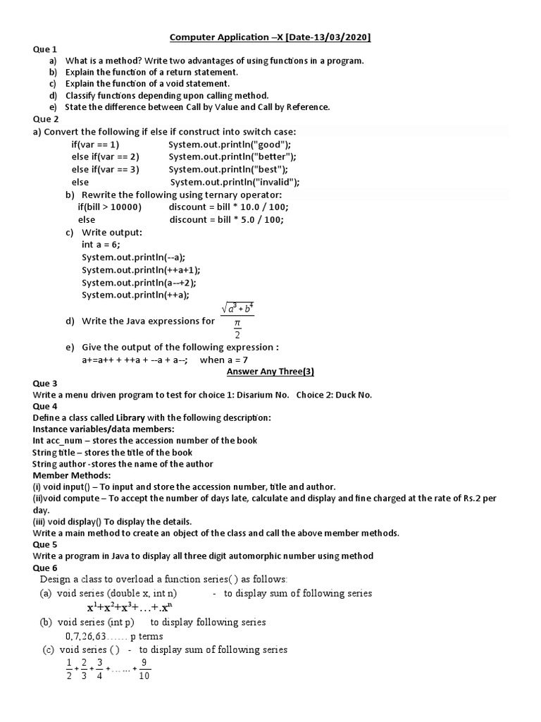 Class X 13-3-20 | PDF | Subroutine | Integer (Computer Science)