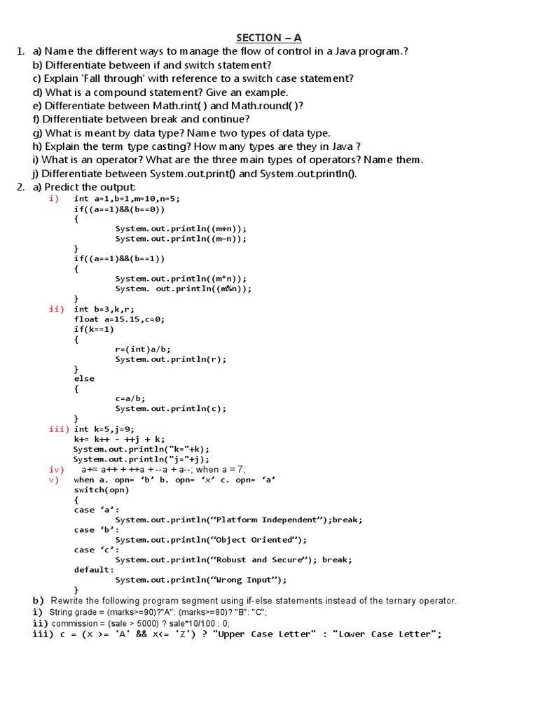 Section - A: I) Ii) Iii) C (X 'A' && X 'Z') ? "Upper Case Letter": "Lower Case Letter" | PDF ...