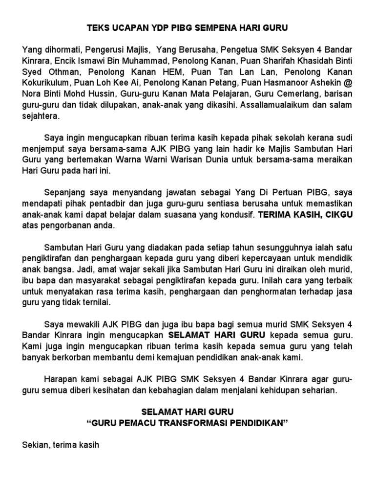 Teks Ucapan Ydp Pibg Sempena Hari Guru | PDF