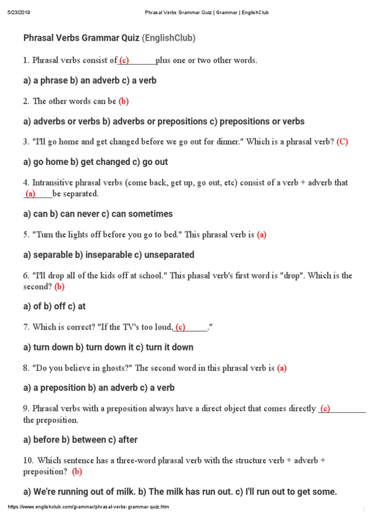 Phrasal Verbs Quiz - EnglishClub | PDF | Foreign Language Studies ...