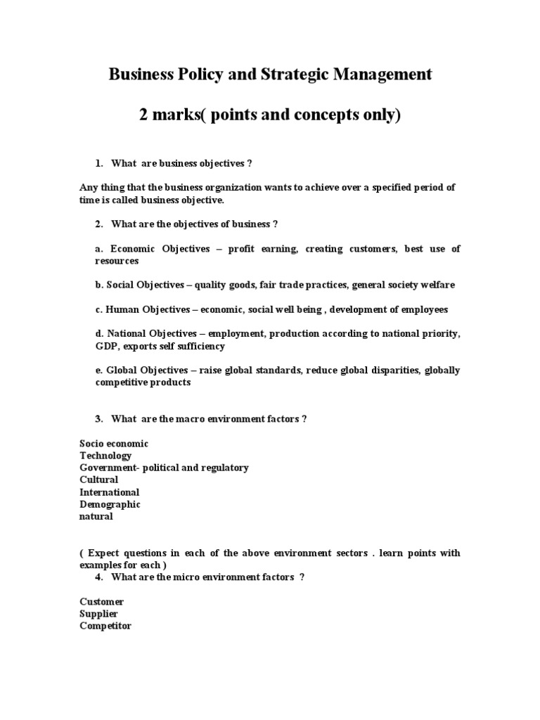 Business Policy and Strategic Management 2 Marks (Points and Concepts ...