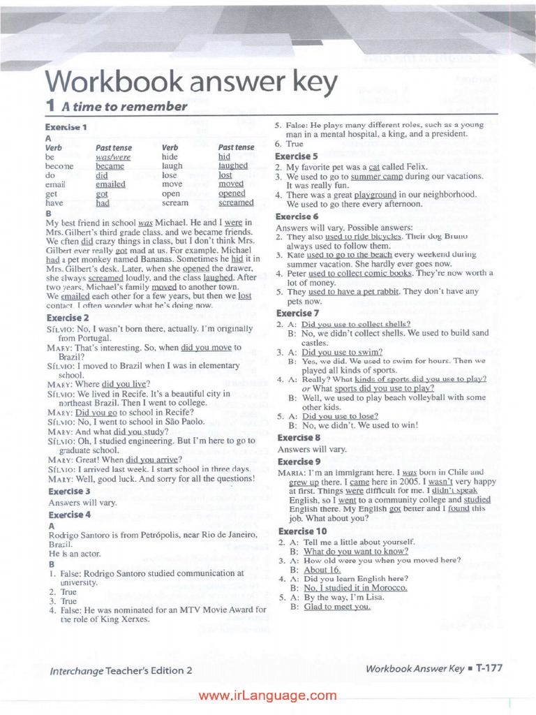 Workbook Answer Key - Interchange Level 2-TB | PDF