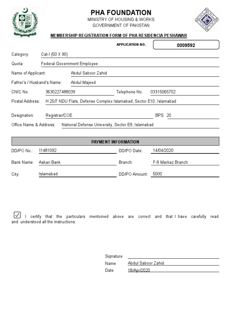 Pha Foundation: Membership Registration Form of Pha Residencia Peshawar ...