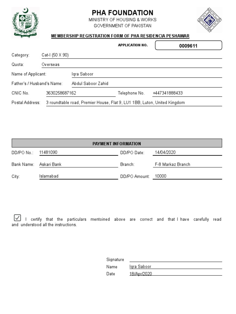 Pha Foundation: Membership Registration Form of Pha Residencia Peshawar ...