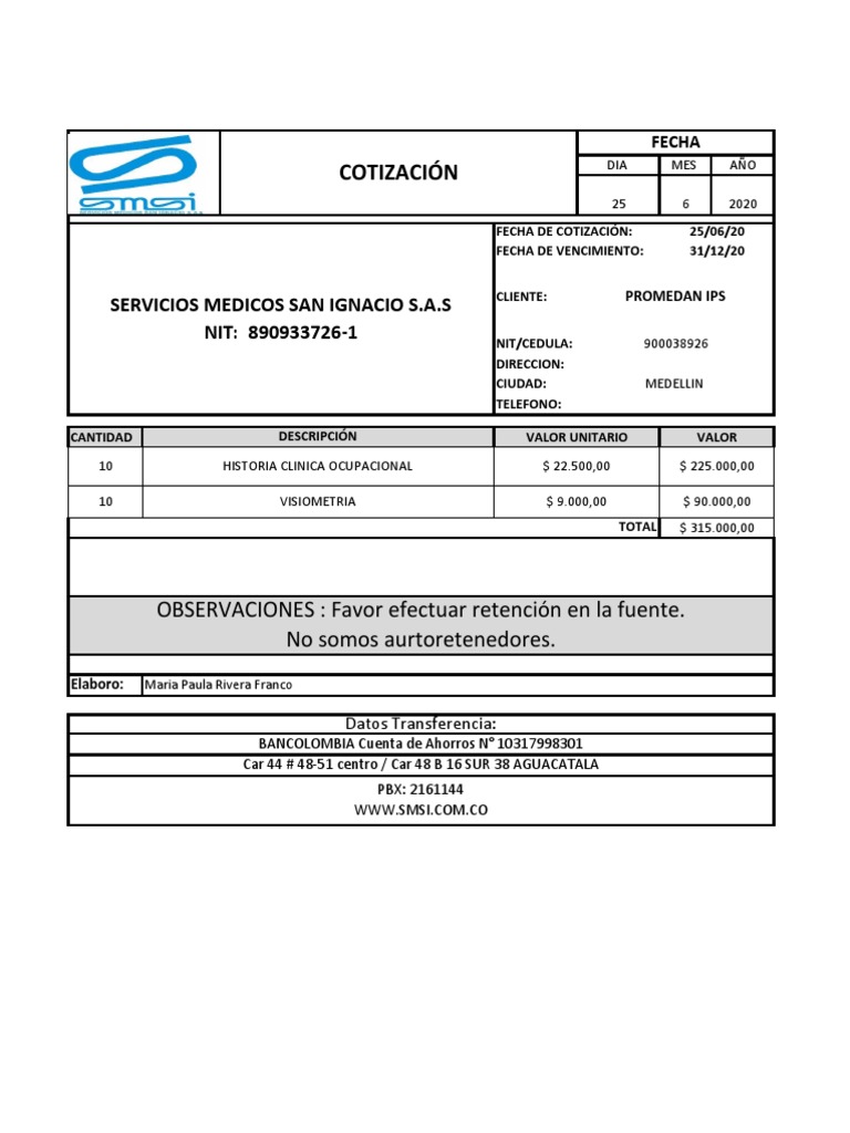 Cotizacion Promedan Ips | PDF