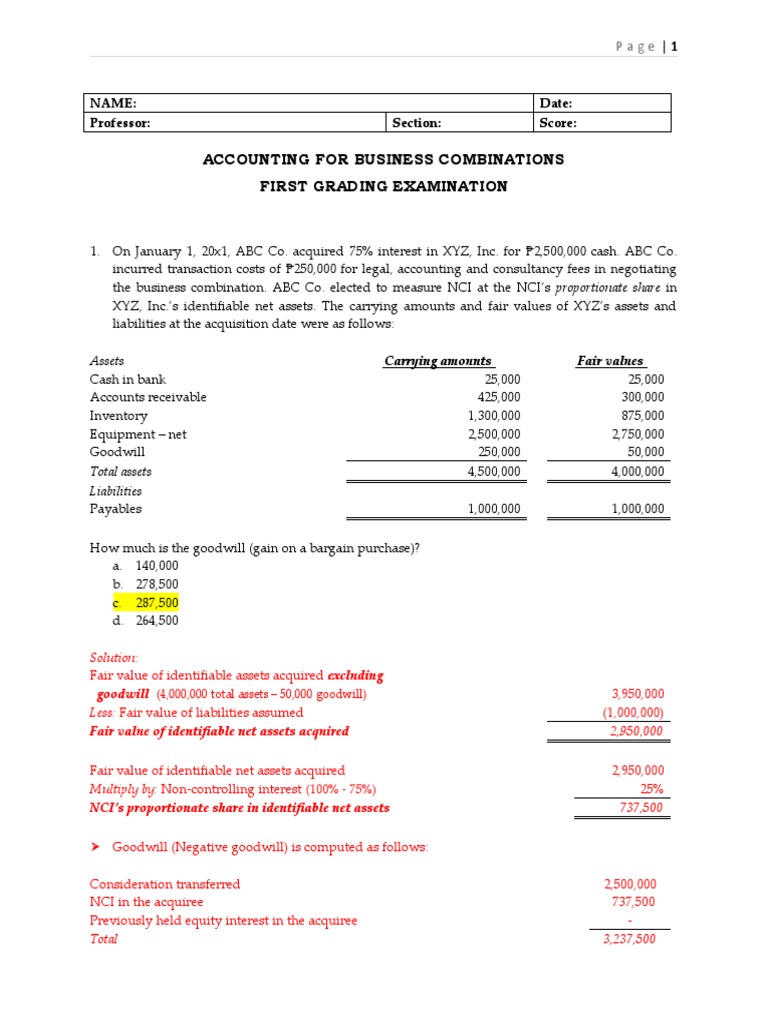 Accounting for Business Combinations Exam | PDF | Goodwill (Accounting ...