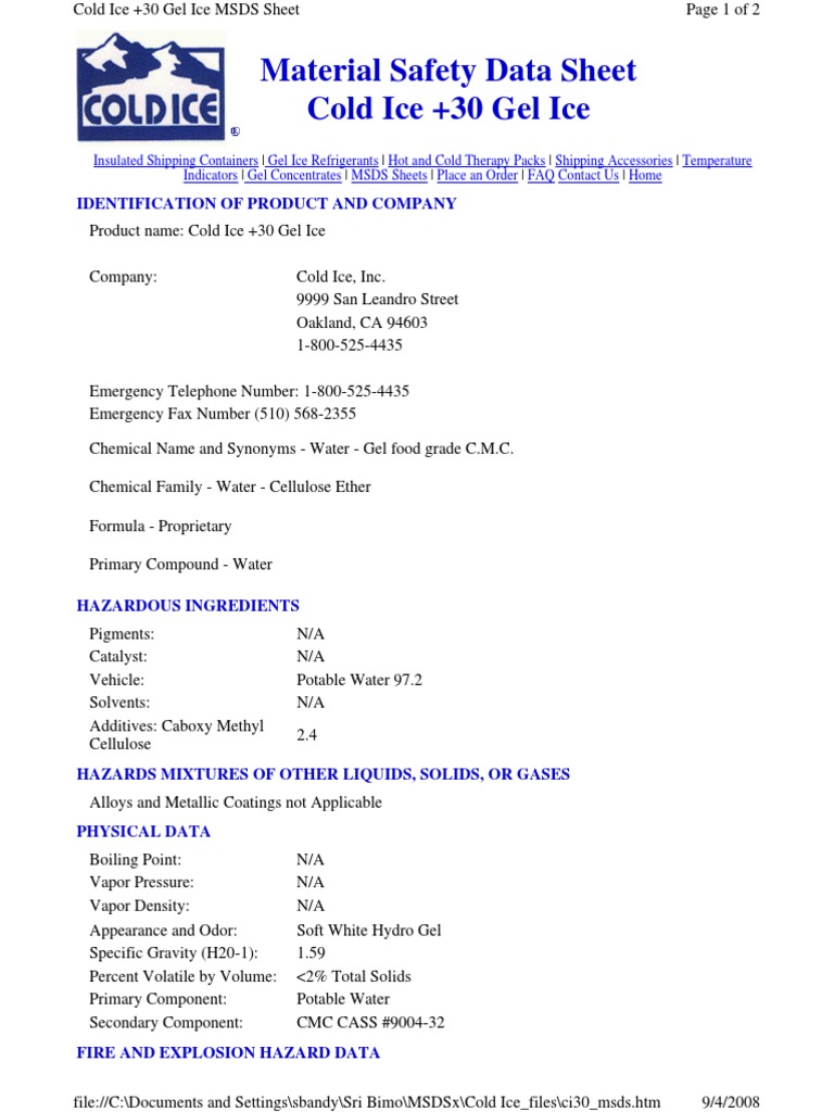 Material Safety Data Sheet Cold Ice +30 Gel Ice: Identification of ...