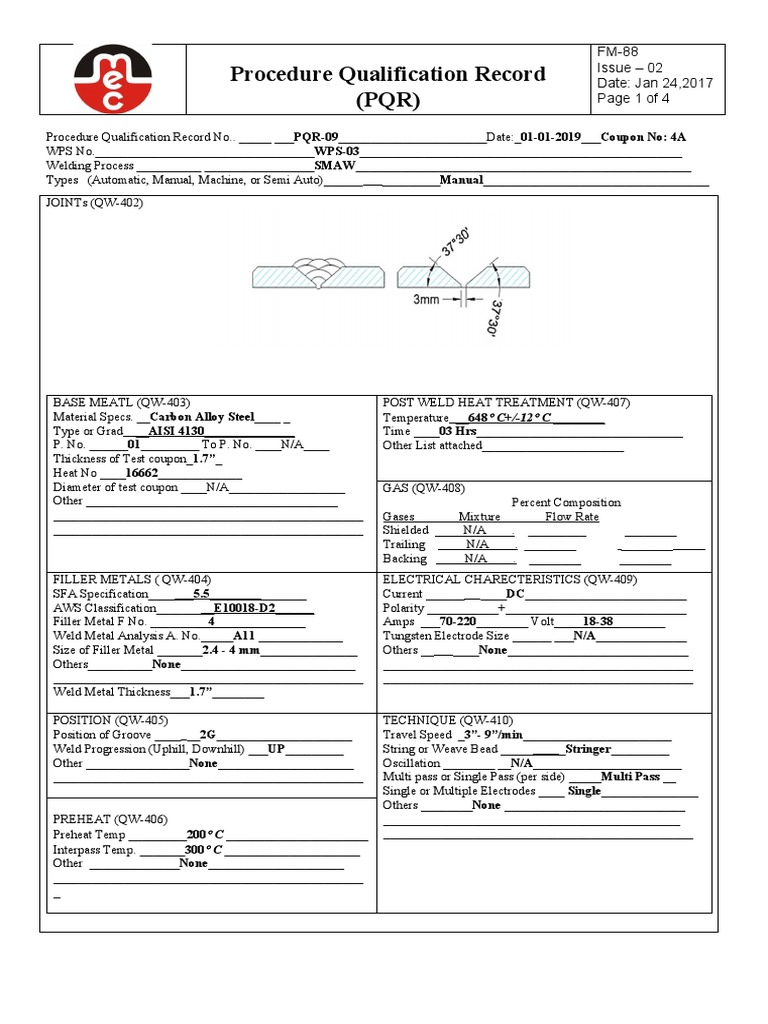 Procedure Qualification Record (PQR) : FM-88 Issue - 02 Date: Jan 24 ...
