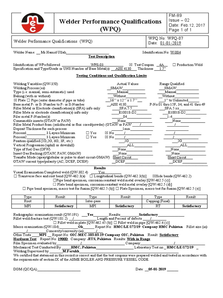 Welder Performance Qualifications (WPQ) | Download Free PDF | Welding ...