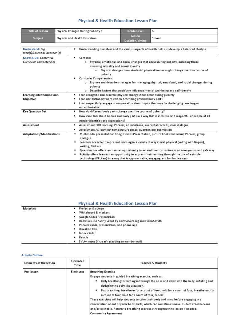 Physical & Health Education Lesson Plan: Title of Lesson Grade Level ...