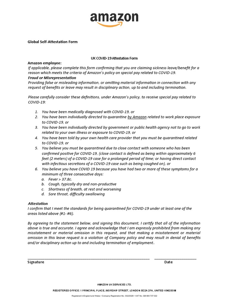 Amazon UK COVID-19 Leave Form | PDF | Quarantine | Health Sciences