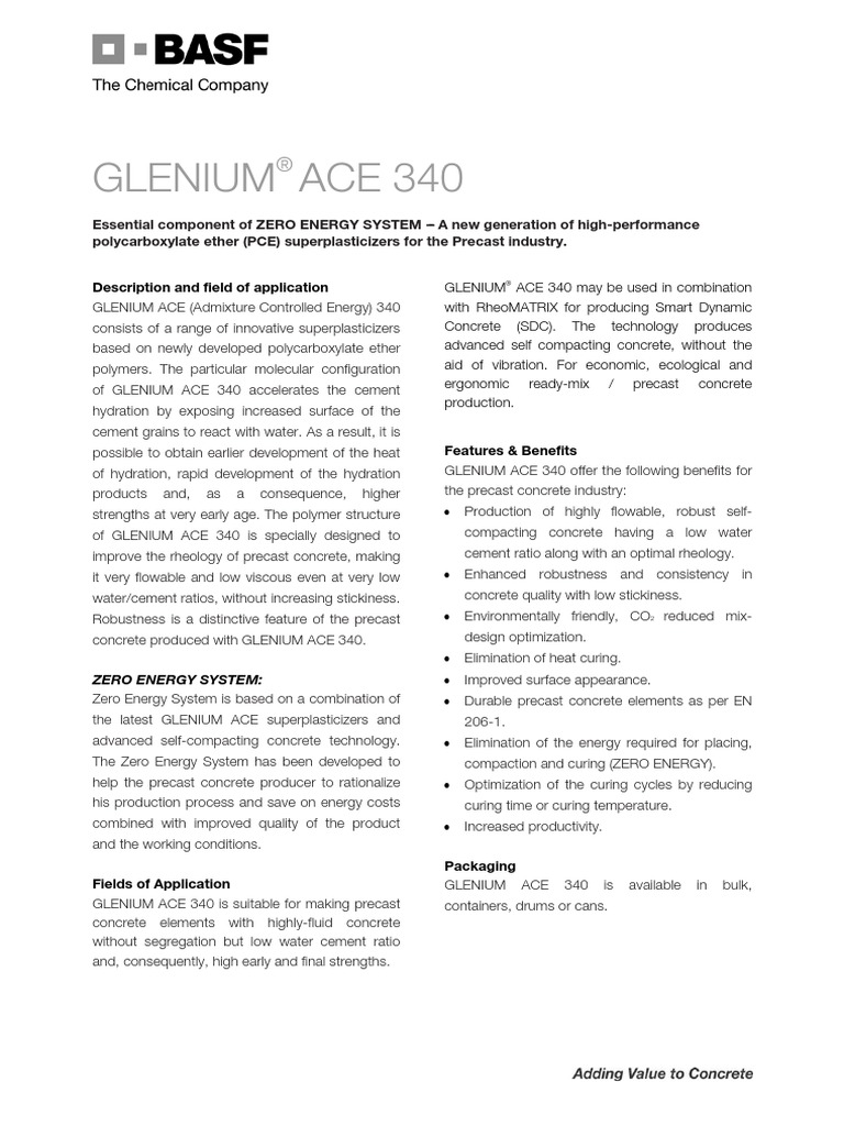 TDS - Glenium Ace 340 | Download Free PDF | Concrete | Cement