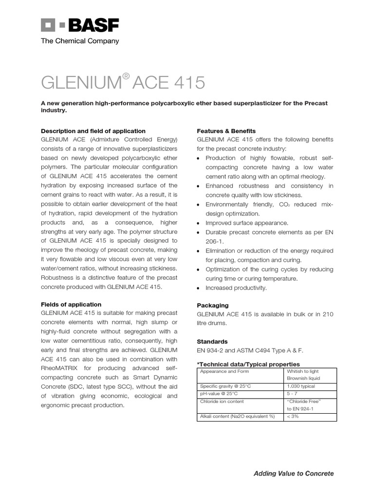 TDS - Glenium Ace 415 | PDF | Concrete | Chemistry