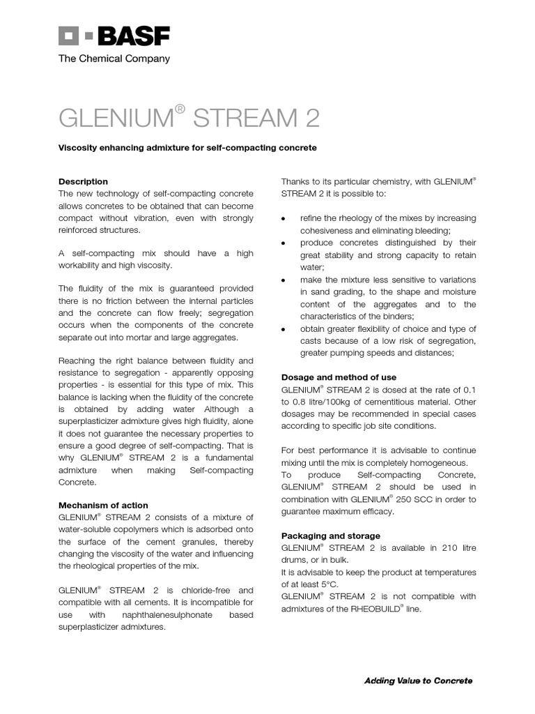 TDS - Glenium Stream 2 | PDF | Viscosity | Concrete