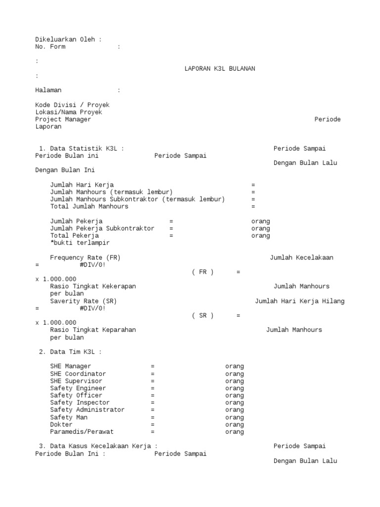 Format Laporan Bulanan Dan Mingguan HSE | PDF