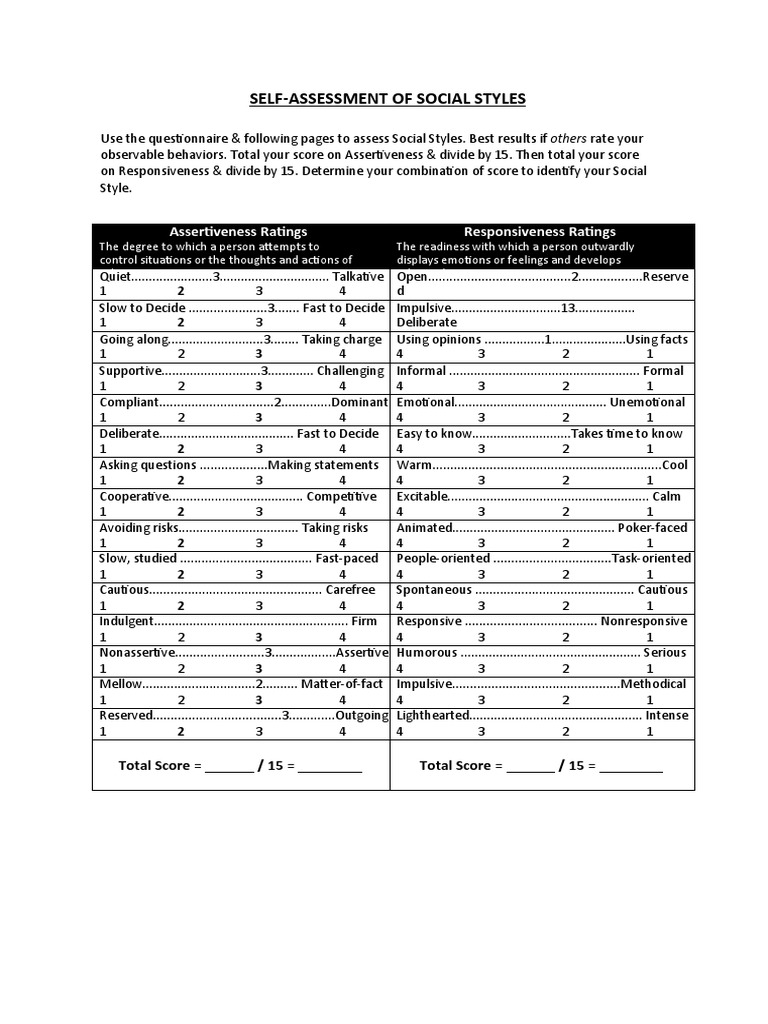 Social Styles Self-Assessment Guide | PDF | Subjective Experience ...