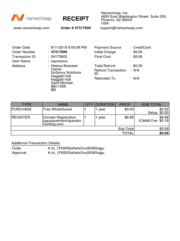 Namecheap Domain Registration Receipt | PDF