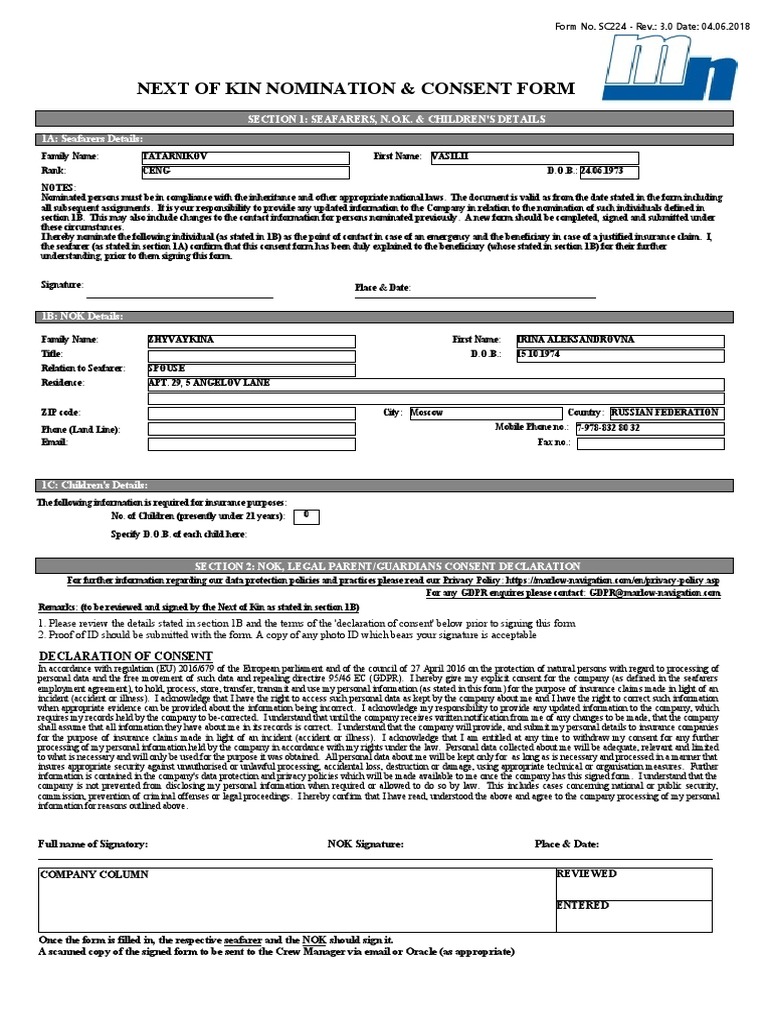 Next of Kin Nomination & Consent Form: Section 1: Seafarers, N.O.K ...