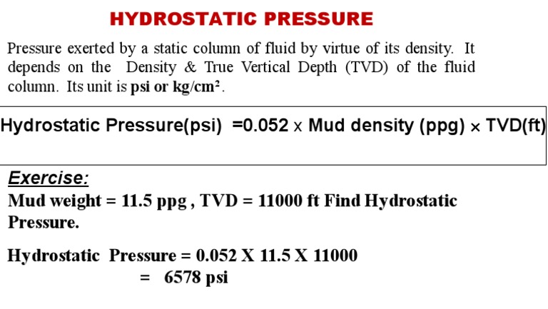 Hydrostatic Pressure (Psi) 0.052 X Mud Density (PPG) : Exercise | PDF