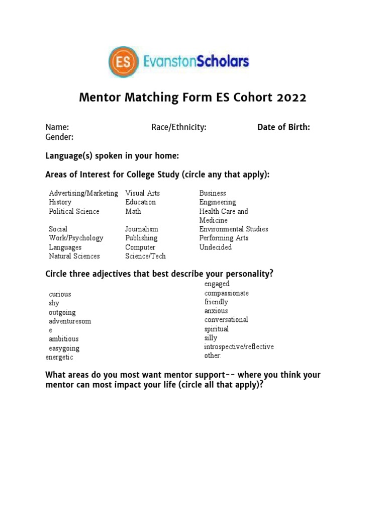mentor matching form 2022 cohort