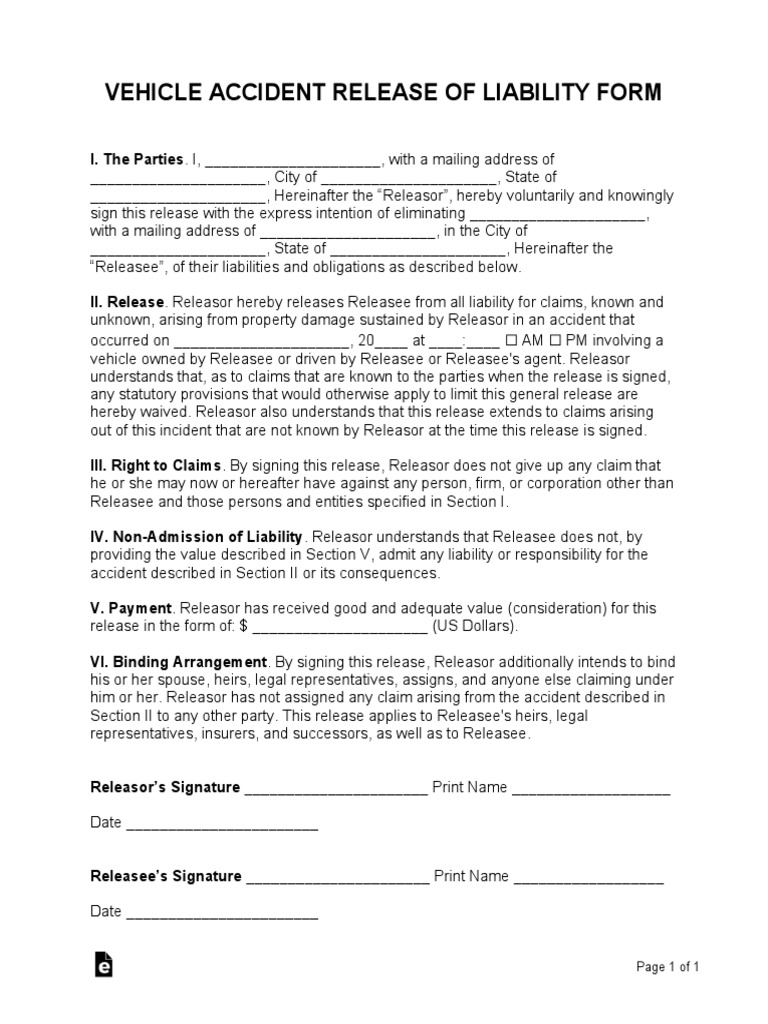 Vehicle Accident Release of Liability Form | PDF | Civil Law (Legal ...