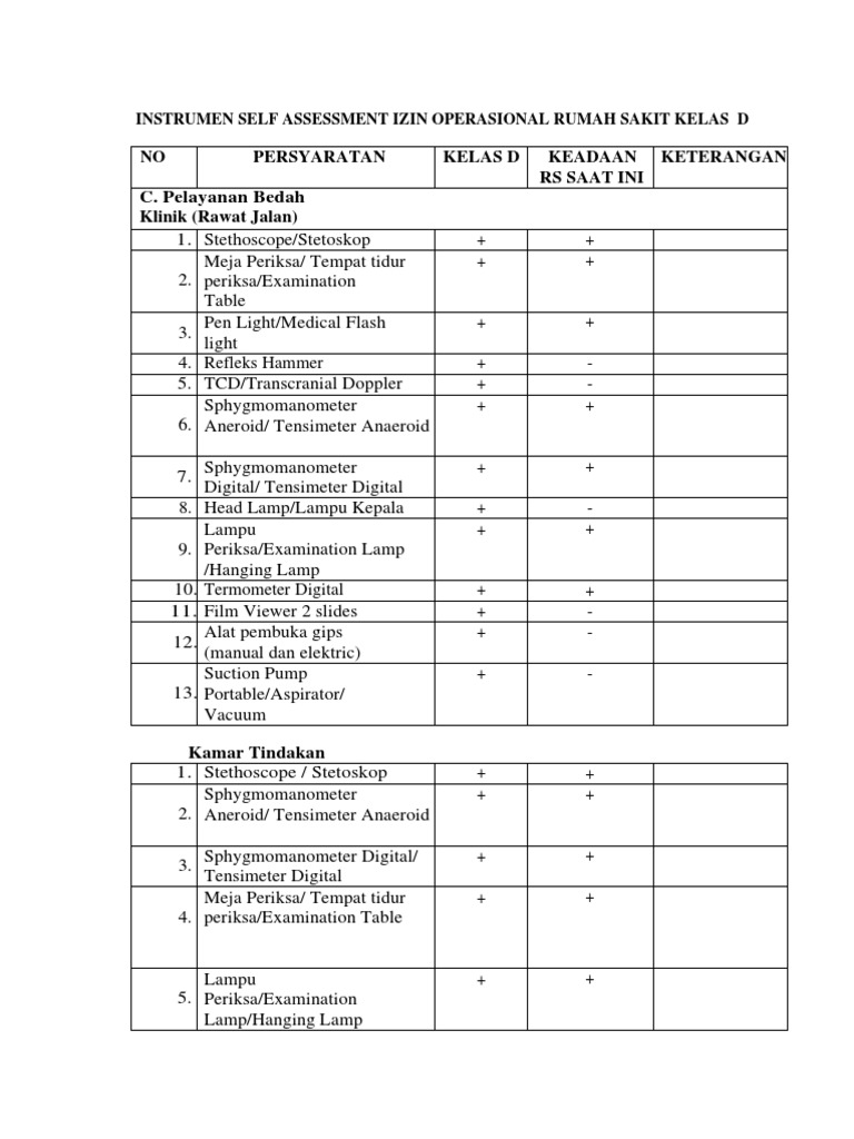 Instrumen Self Assessment Izin Operasional Rumah Sakit Kelas D | PDF | Equipment | Medical Equipment