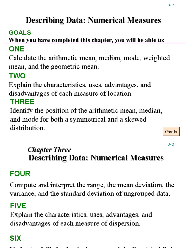 Describing Data: Numerical Measures | PDF | Mean | Mode (Statistics)
