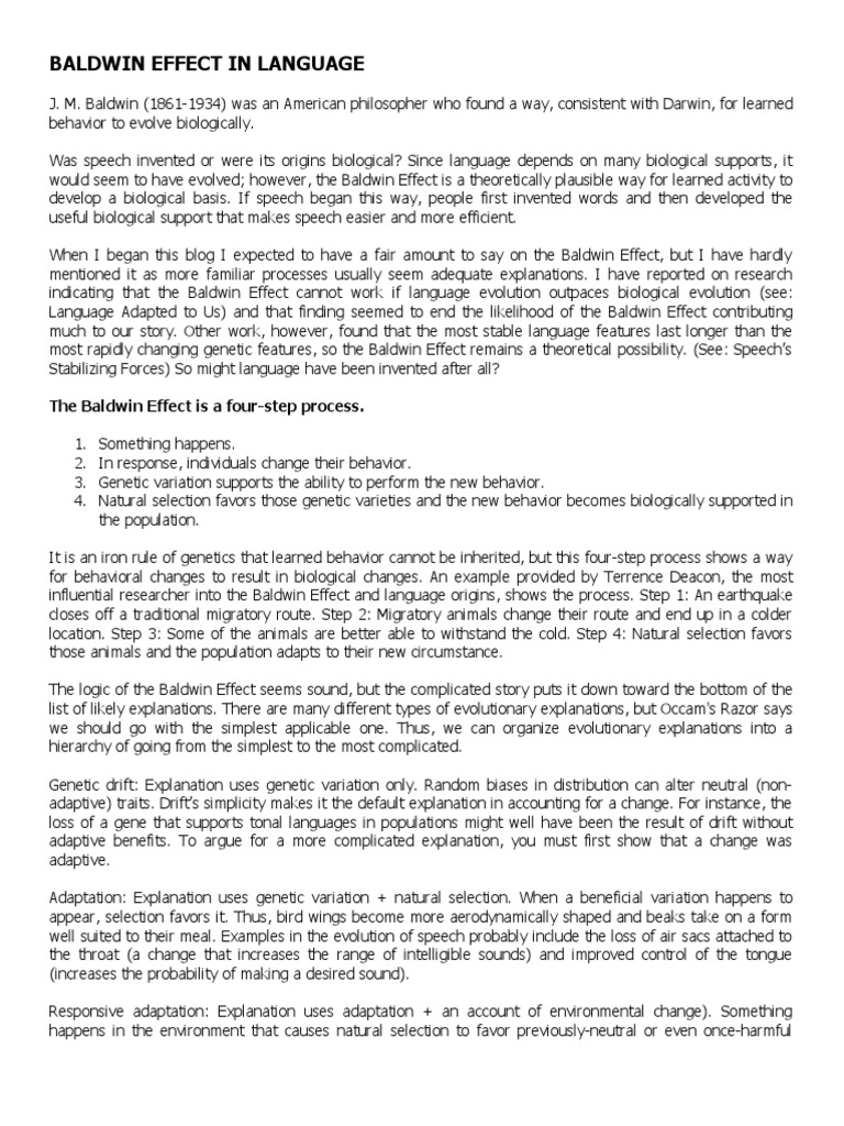 BALDWIN EFFECT AND LANGUAGE EVOLUTION | PDF | Instinct | Neuropsychology