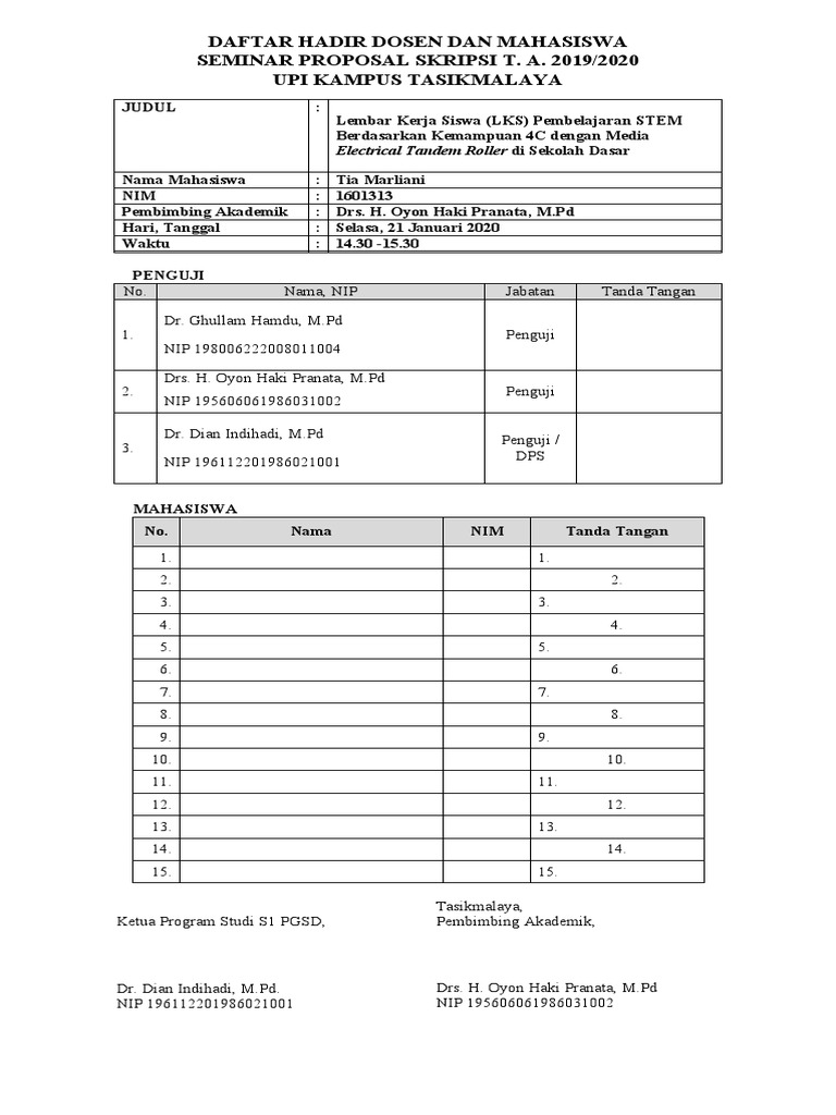 Tia Marliani - Format Daftar Hadir Dosen Dan Mahasiswa Seminar Proposal Skripsi 19-20 | PDF