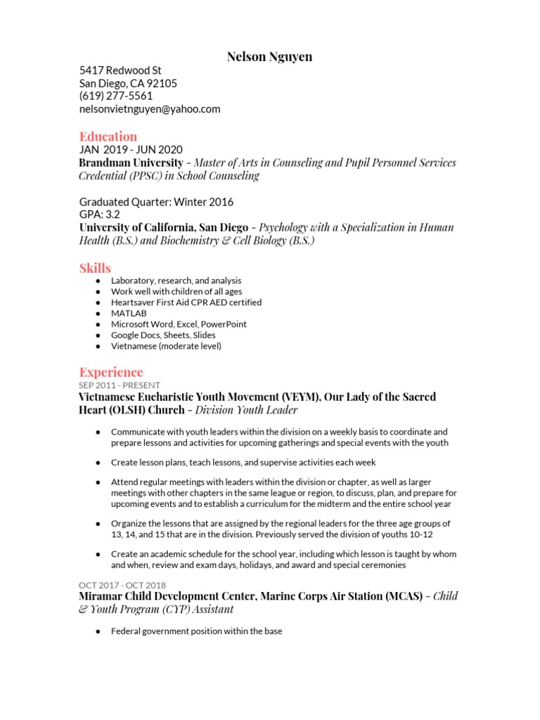 Nelson Nguyen Resume | PDF | Special Education | Psychology