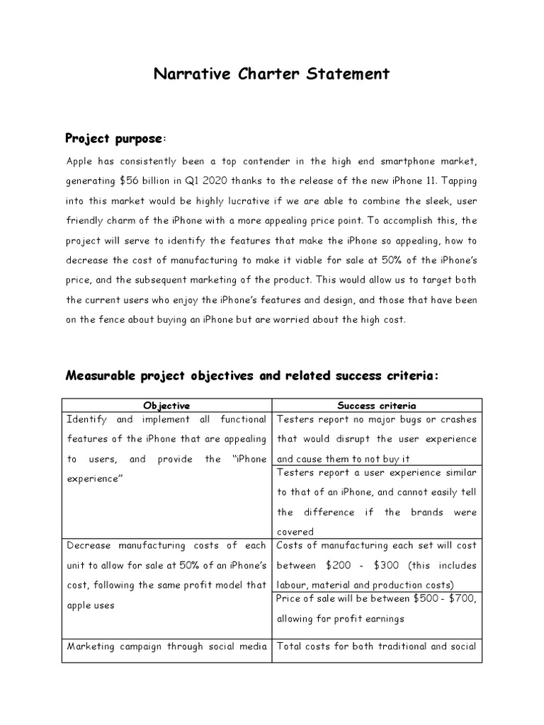 Narrative Charter Statement: Project Purpose | PDF | I Phone | Marketing