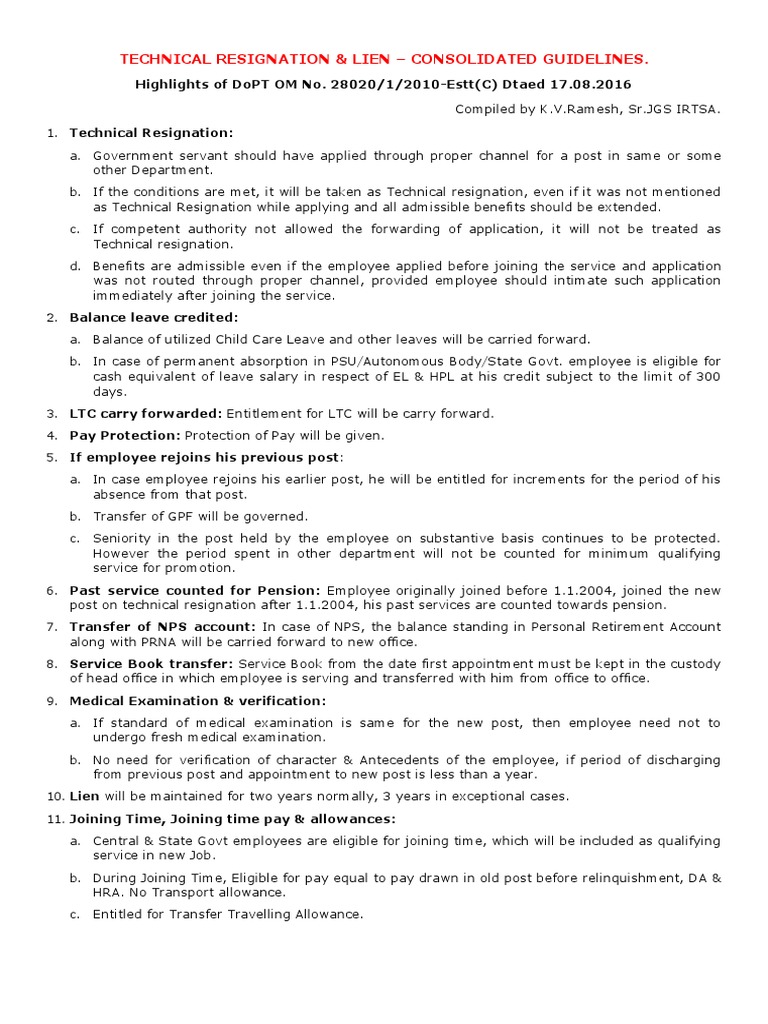 Technical Resignation & Lien - Consolidated Guidelines | PDF ...