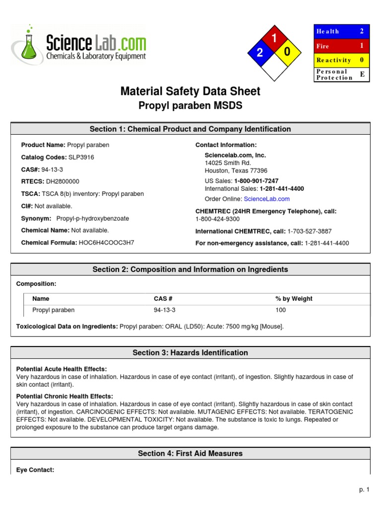 Propyl Paraben MSDS: Section 1: Chemical Product and Company ...