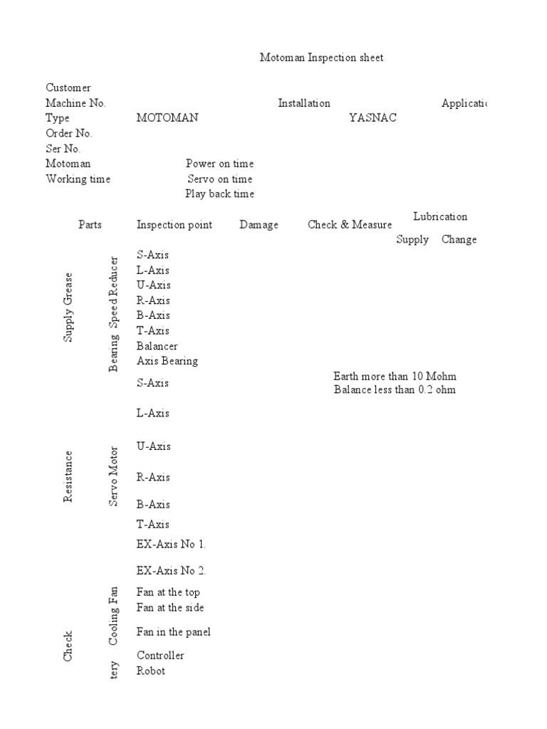 Robot Maintenance Inspection Checklist | PDF | Machines | Electrical ...