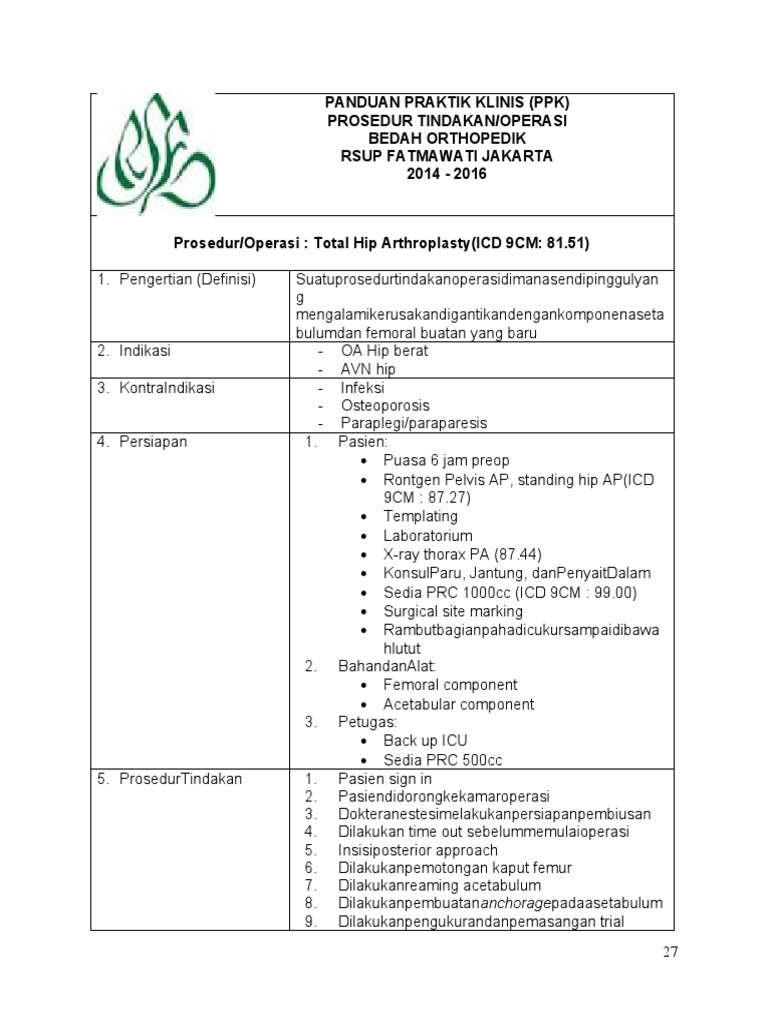 Panduan Praktik Klinis (PPK) Prosedur Tindakan/Operasi Bedah Orthopedik Rsup Fatmawati Jakarta ...