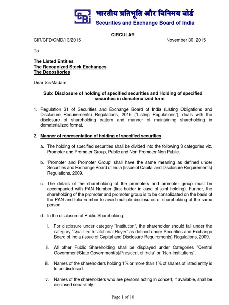 SEBI Circular - Disclosure of Holding Securities Demat - 30112015 | PDF ...