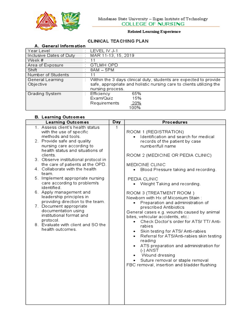 OPD 2 2019 Clinical Teaching Plan | PDF | Surgery | Nursing