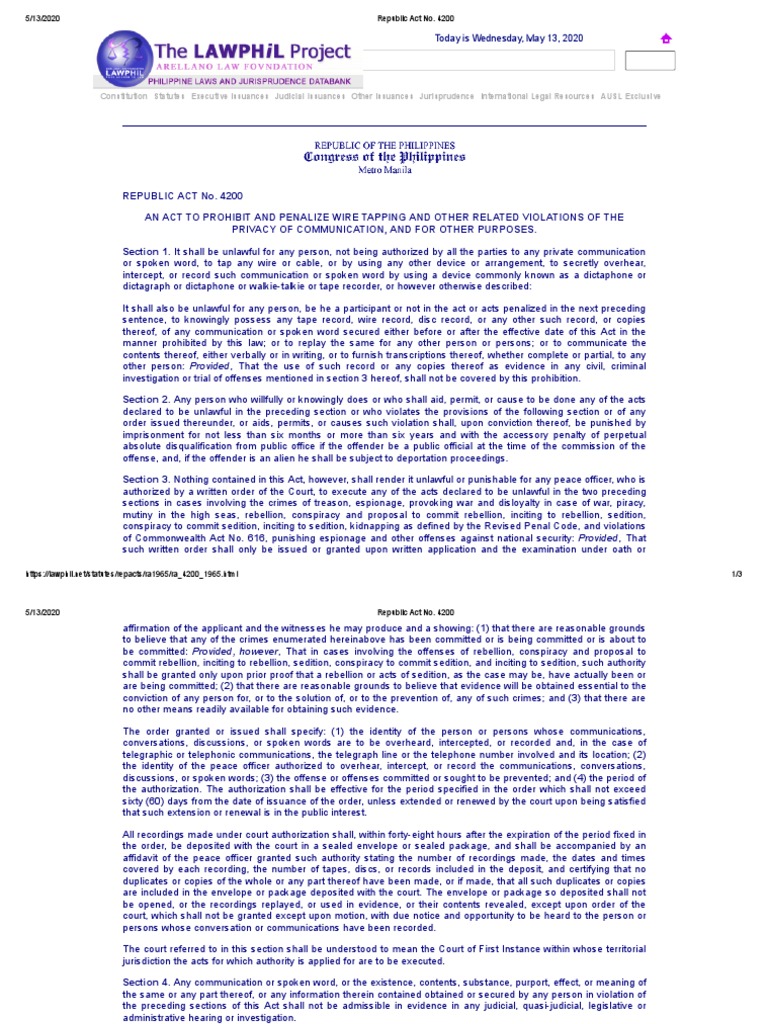 RA 4200: Anti-Wiretapping Law Overview | PDF | Crime & Violence | Crime ...