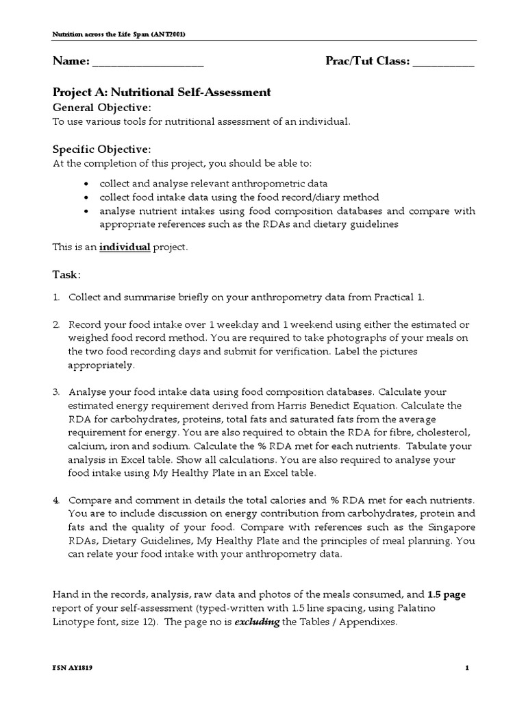 Name: - Prac/Tut Class: - Project A: Nutritional Self-Assessment | PDF ...