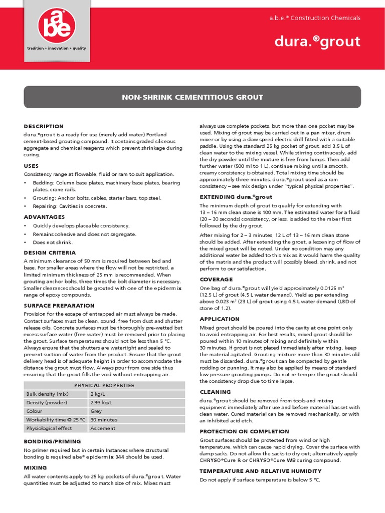 Dura. Grout: Non-Shrink Cementitious Grout | PDF | Strength Of ...