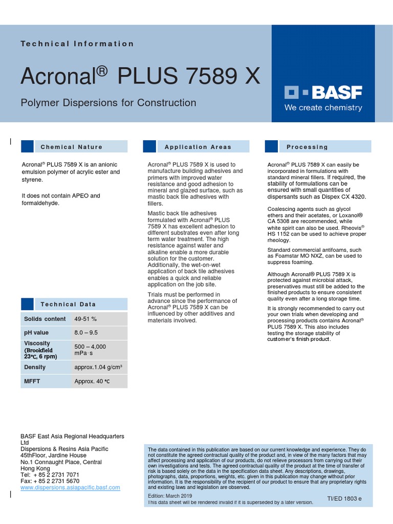 TI-Acronal PLUS 7589 - 20190327 | PDF | Adhesive | Materials