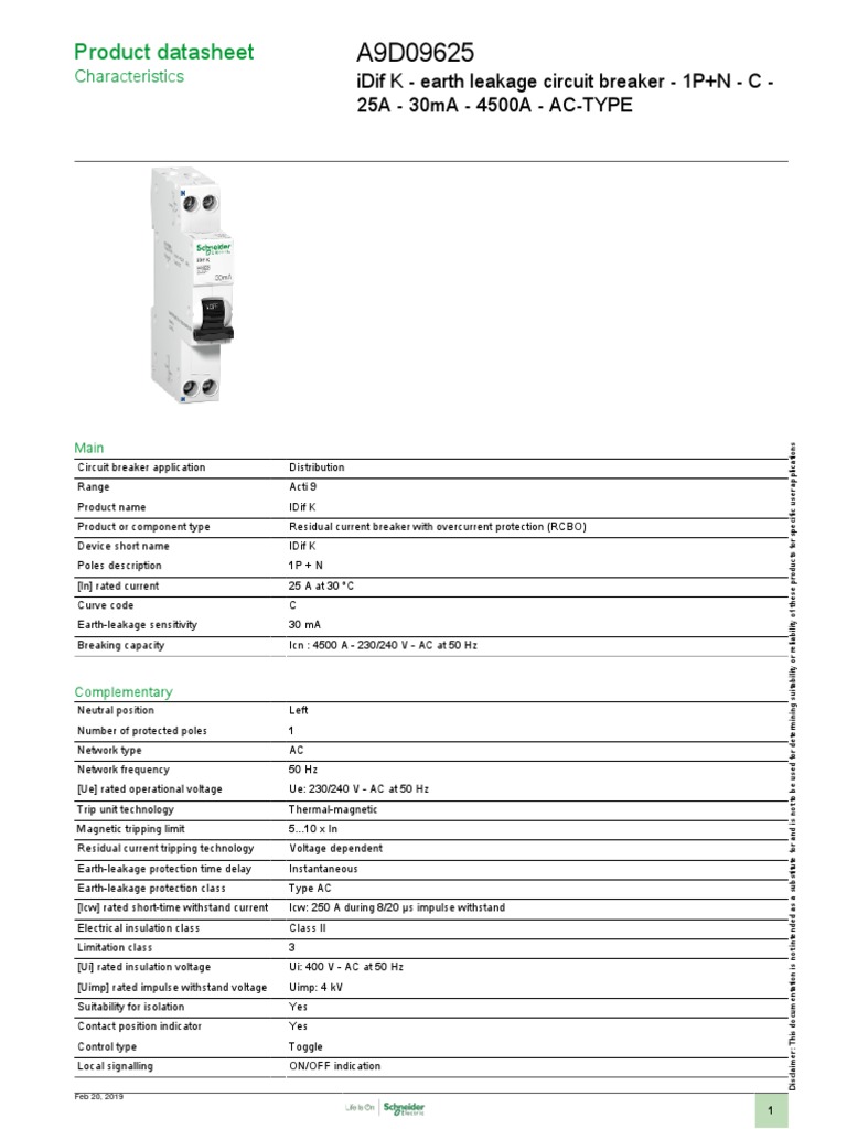 Acti 9 Ic60 RCBO - A9D09625 | PDF | Alternating Current | Electrical Components