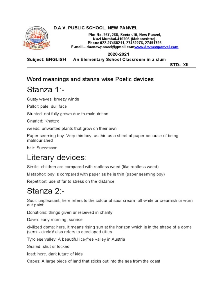 Stanza 1:-: Word Meanings and Stanza Wise Poetic Devices | PDF | Nature