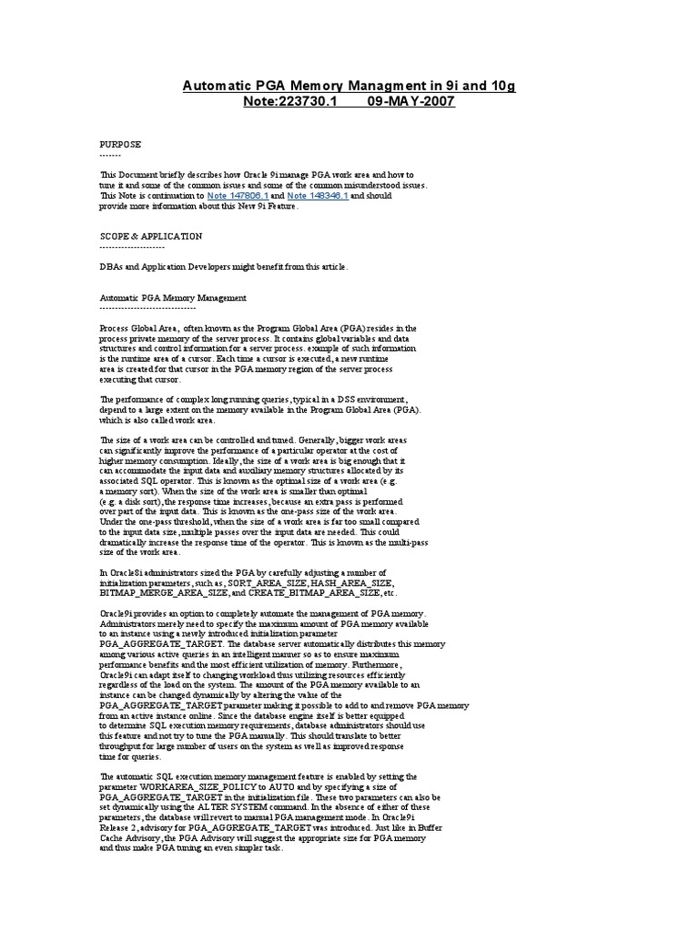 Automatic PGA Memory Managment in 9i and 10g | PDF | Parameter ...